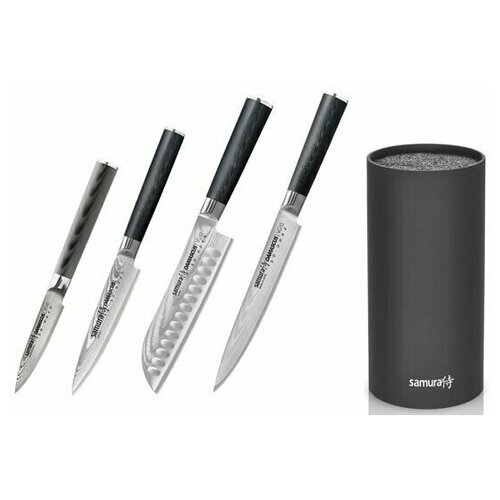Набор из 4 кухонных ножей SAMURA DAMASCUS овощной, универсальный, сантоку, слайсер И черной пластиковой подставки SD-0244КРЧП