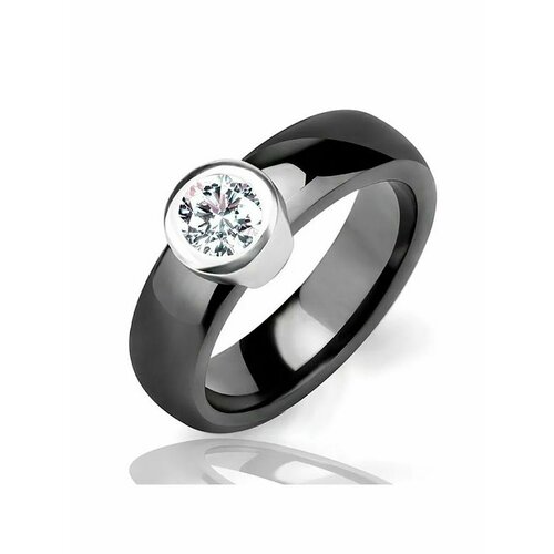 Кольцо, циркон, искусственный камень, размер 16, черный, серебряный