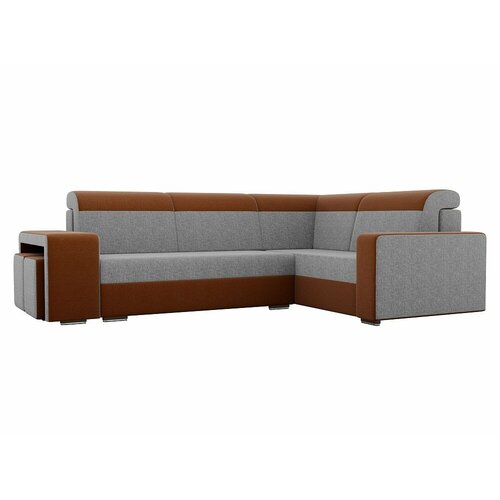 Угловой диван Мустанг с двумя пуфами Серо-Коричневый Рогожка, механизм Еврокнижка