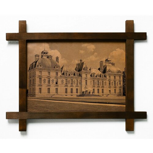 Картина Замок Шеверни, Франция, гравировка на натуральной коже, интерьерная для украшения и декора на стену в деревянной раме, подарок, BoomGift