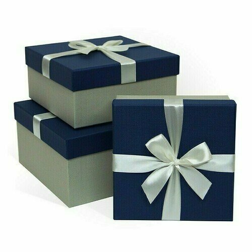 Коробка подарочная с бантом тиснение Рогожка, 210x170x110 мм, синий-серый
