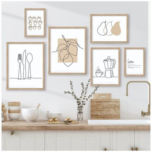 6 постеров без рамки "Набор постеров на кухню, кофе и фрукты линейный рисунок" в тубусе / Набор постеров картин для интерьера