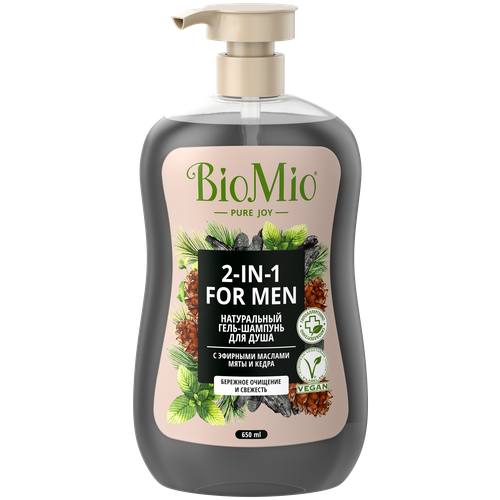 BioMio Натуральный гель-шампунь для душа BioMio 2-IN-1 For Men с эфирными маслами мяты и кедра, 650 мл