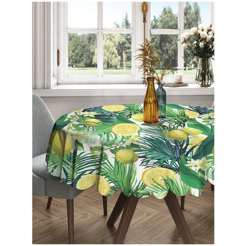 Круглая скатерть на кухонный и праздничный стол JoyArty "Лимоны и тропики" из сатена, диаметр 150 см