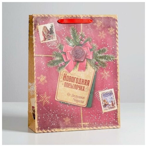 Пакет крафтовый вертикальный «Новогодняя посылочка от Дедушки Мороза», L 31 × 40 × 9 см