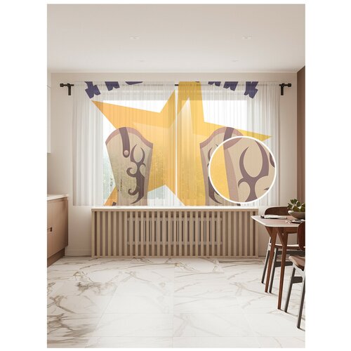 Тюль для кухни и спальни JoyArty "Ботинки ковбоя Остина", 2 полотна со шторной лентой шириной по 145 см, высота 180 см.