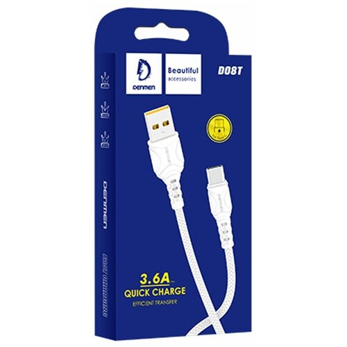 Кабель DENMEN D08T USB to Type-C, 3.6A, 1 м, Быстрая зарядка, черный