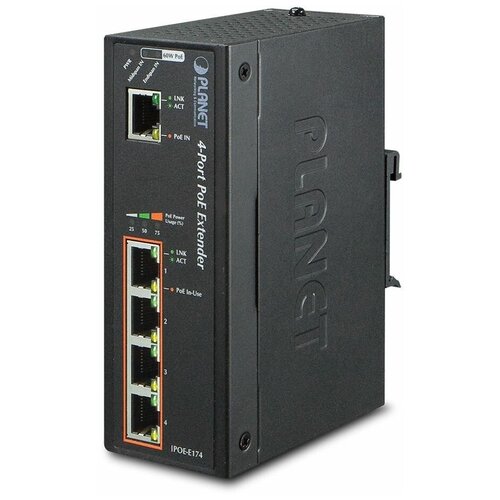 Удлинитель Planet IPOE-E174 промышленный, IP30 1-Port GE 60W Ultra POE to 4-Port 802.3af/at (-40 to 75 C)