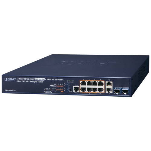 Коммутатор PLANET GS-5220-8UP2T2X (L3 8-Port 10/100/1000T 75W 802.3bt PoE + 2-Port 10/100/1000T + 2-Port 10G SFP+ Managed Switch (240W PoE Budget, ERPS Ring, ONVIF, Cybersecurity features, Hardware Layer3 OSPFv2 and IPv4/IPv6 Static Routing))