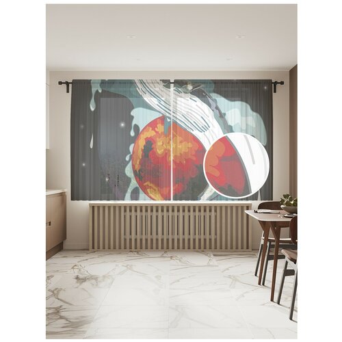 Тюль для кухни и спальни JoyArty "Космическая рыба", 2 полотна со шторной лентой шириной по 145 см, высота 180 см.