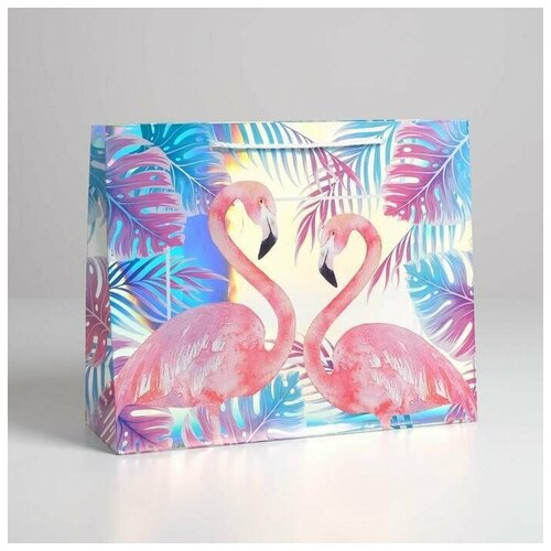Пакет подарочный голографический "Фламинго", 32 х 26 х 12 см