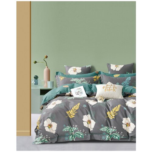 Комплект постельного белья из сатина LS-076 Elin (серый-бирюзовый), 2,0 спальный (наволочки 70x70)