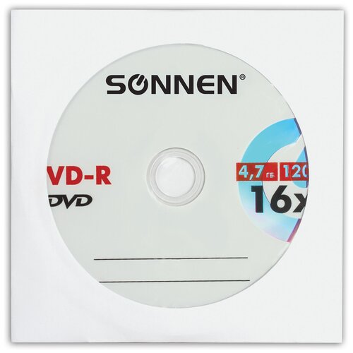 Диск DVD-R SONNEN, 4,7 Gb, 16x, бумажный конверт (1 штука), 512576