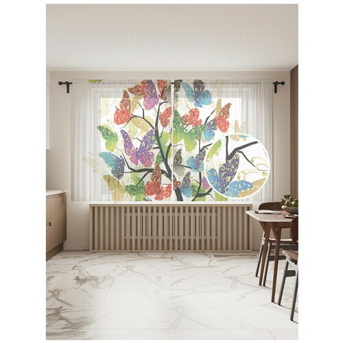 Тюль для кухни и спальни JoyArty "Бабочкино дерево", 2 полотна со шторной лентой шириной по 145 см, высота 180 см.