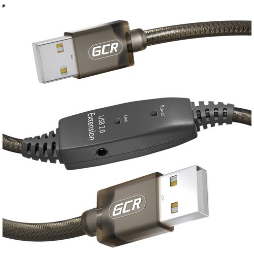 Кабель GCR активный 10 метров USB 2.0, AM/AM, черно-прозрачный, с усилителем сигнала, разъём для доп. питания, (7753788)