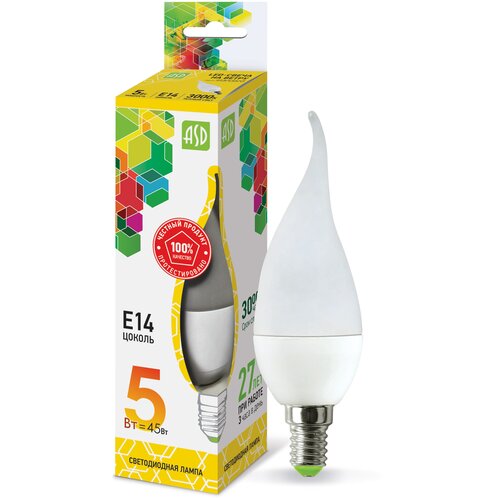4690612004518 ASD Лампа светодиодная led-свеча на ветру-standard 5Вт 230В Е14 3000К 450Лм
