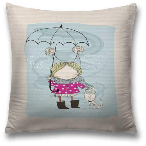 Наволочка декоративная на молнии, чехол на подушку JoyArty "Прогулка с собакой под зонтиком" 45х45 см