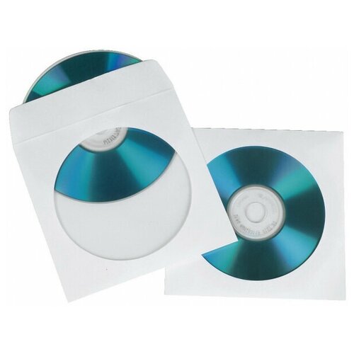 Конверт бумажный с окном и клейкой лентой 50шт для CD-DVD-BD на 1 компакт-диск, 12,5 x 12,5 см, Белый