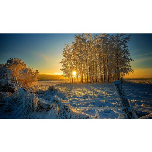Картина на холсте 60x110 LinxOne "Зима снег солнце восход" интерьерная для дома / на стену / на кухню / с подрамником