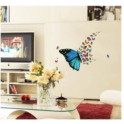 Наклейка на стену, мебель синие бабочки Размер композиции на стене 56*82 см. 40 бабочек разного размера.