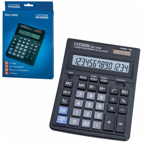 Калькулятор настольный CITIZEN SDC-554S (199x153 мм), 14 разрядов, двойное питание В комплекте: 1шт.