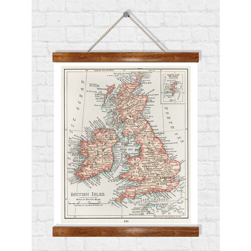 Постер / Плакат / Картина на холсте Старинная карта на холсте - Карта Британии на английском языке 50x70
