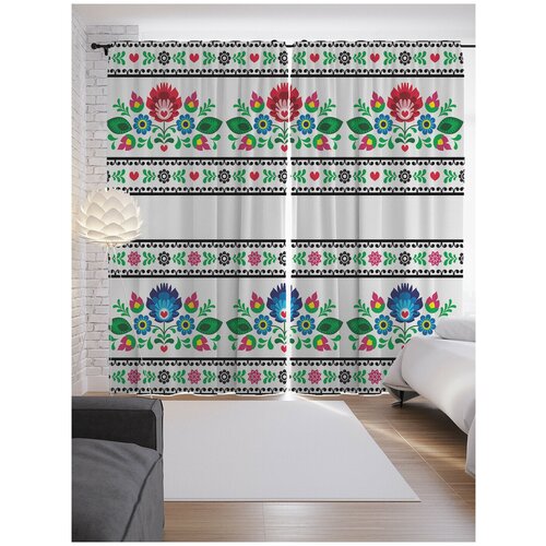 Фотошторы для кухни и спальни JoyArty "Народные картины с цветами", 2 полотна со шторной лентой шириной по 145 см, высота 265 см