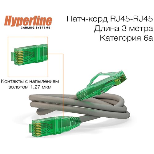 Патч-корд Hyperline U/UTP, Cat.6a (100% Fluke Component Tested), 10G, LSZH, 3 м, серый