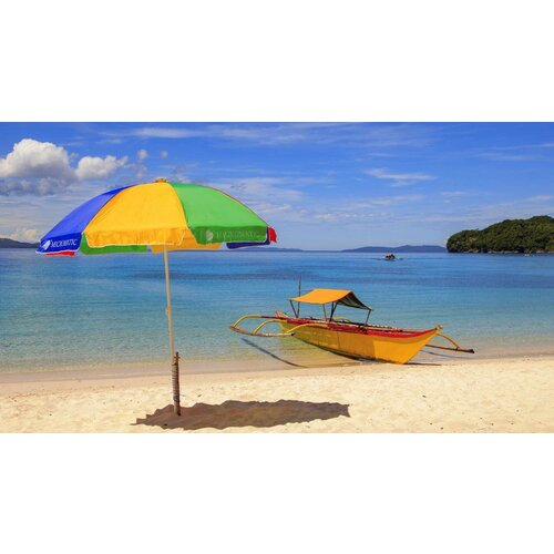 Картина на холсте 60x110 LinxOne "Тропический пляж лодка песок зонт" интерьерная для дома / на стену / на кухню / с подрамником