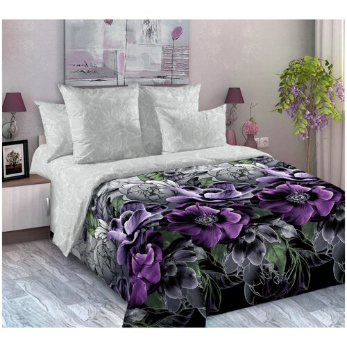 Комплект постельного белья Королевское искушение Тишина ночи 1, евростандарт, перкаль, фиолетовый/серый