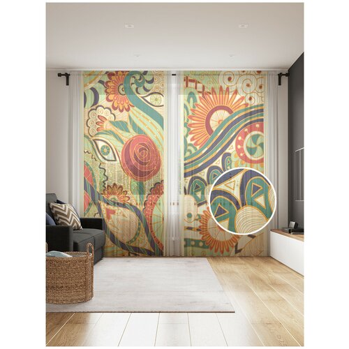 Тюль для кухни и спальни JoyArty "Цветочный диптих", 2 полотна со шторной лентой шириной по 145 см, высота 265 см.