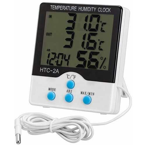 Цифровой термометр и гидрометр/измеряет влажность в помещение, выносной уличный датчик температуры, часы, будильник/домашняя метеостанция НТС-2A
