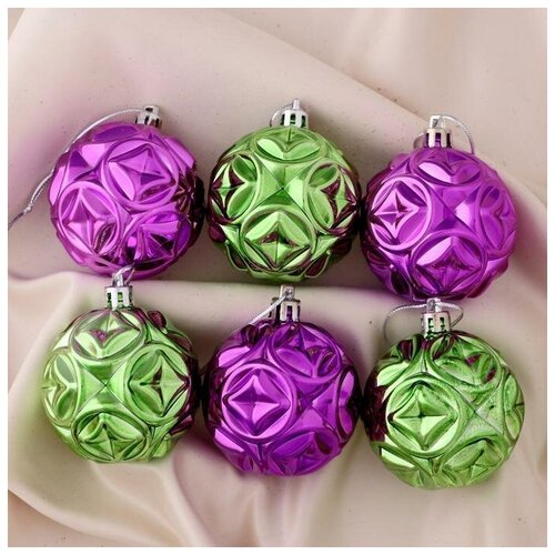 Набор новогодних елочных шаров, набор украшений для елки, пластик d 6 см, 6 шт "Сфера" фиолетово зеленый