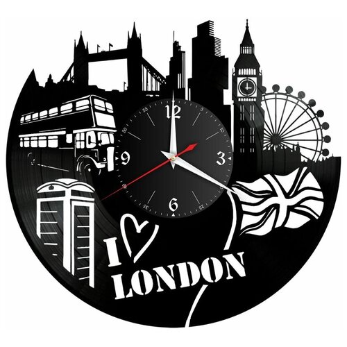 Часы из винила Redlaser "город Лондон, I love London, Тауэрский мост, Биг Бэн, флаг Британии" VW-10476