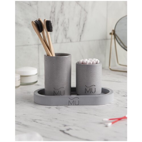 Набор для ванной комнаты 01 (поднос - подставка Lora S, стакан для зубных щёток Leo, емкость для ватных палочек Mia), бетон, серый глянцевый