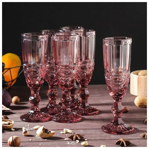 Набор бокалов стеклянных для шампанского "Ла-Манш", 160 мл, 7x20 см, 6 шт, цвет розовый