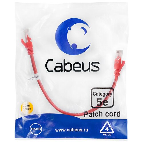 Патч-корд Cabeus PC-UTP-RJ45-Cat.5e-0.3m-RD-LSZH Кат.5е 0.3 м красный