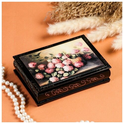Шкатулка «Розовые цветы в корзине», 10×14 см, лаковая миниатюра 2407425