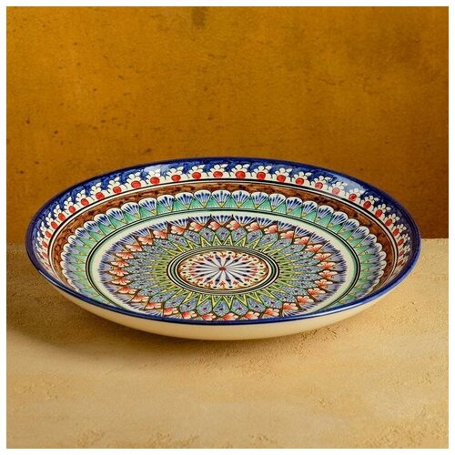 Ляган круглый, 31 см, разноцветный узор, блюдо из керамики, узбекская посуда, тарелки для сервировки