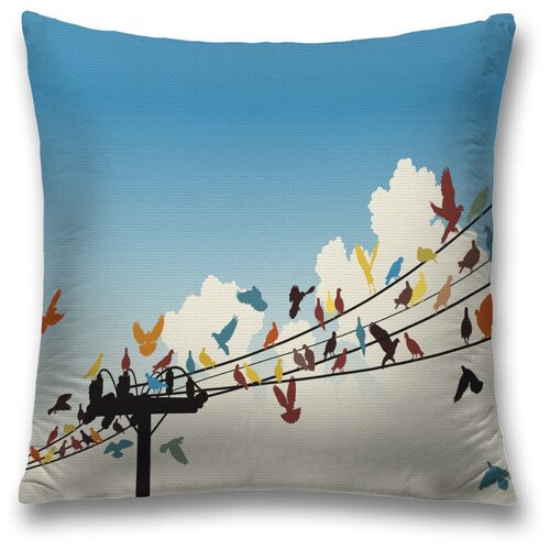 Наволочка декоративная на молнии, чехол на подушку JoyArty "Цветные птицы на проводах" 45х45 см