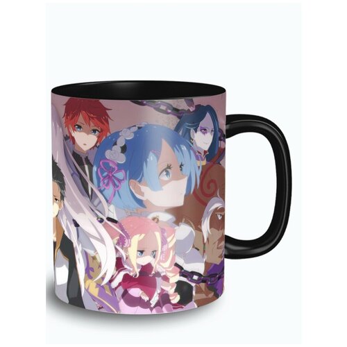 Кружка черная аниме ре зеро re zero (рем, рам, субару, эмилия, феликс) - 10388