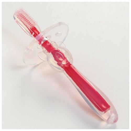 Детская зубная щетка-массажер, Мышка , с ограничителем, силиконовая, цвет красный