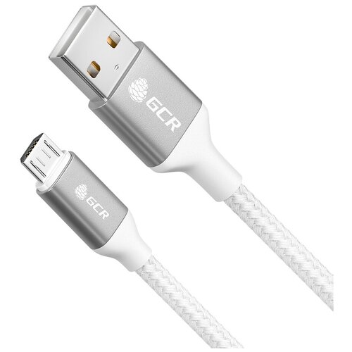 GCR QC Кабель 0.5m MicroUSB, быстрая зарядка, белый нейлон, AL корпус серебро, белый ПВХ, 28/24 AWG