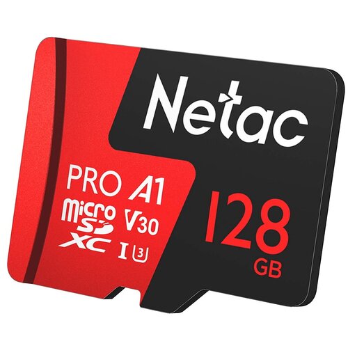 Карта памяти Netac microSDXC 128 ГБ Class 10, V30, A1, UHS-I, R 100 МБ/с, 1 шт., черный/красный