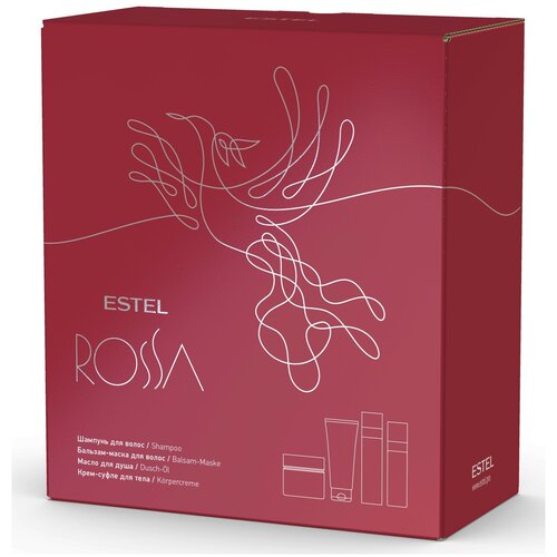 Подарочный набор ESTEL парфюмерных компаньонов Rossa: шампунь 250 мл, бальзам-маска 200 мл, масло 150 мл, крем-суфле 200 мл.