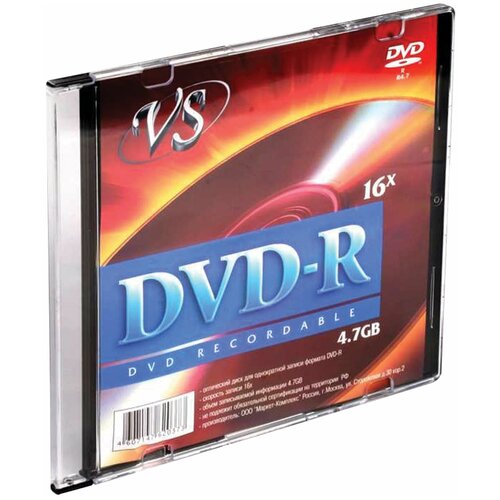 Диск DVD-R VS, 4,7 Gb, 16x, Slim Case (1 штука), VSDVDRSL01 /Квант продажи 5 ед./