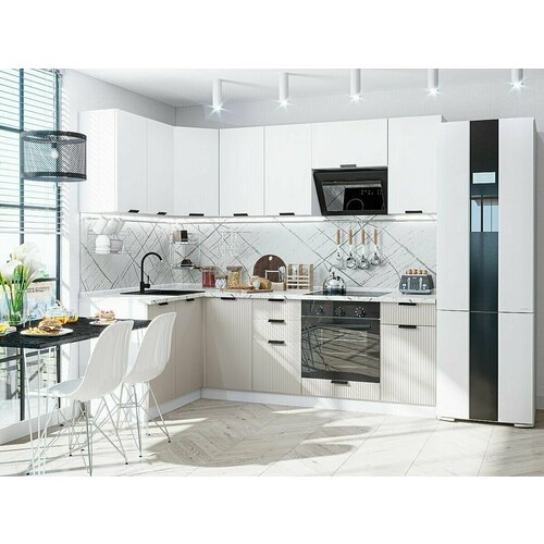 Готовый кухонный гарнитур кухня Евро Лайн-05 2140*1400/2290*600 Белый/Агат