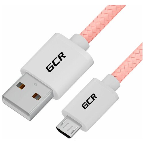 Кабель микро (Micro / USB), для зарядки и передачи даных, 0.5м, microUSB GCR, 5А QC 3.0, розовый нейлон