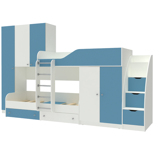 Двухъярусная кровать Лео с лестницей комодом Белый Светло Синий/Голубой