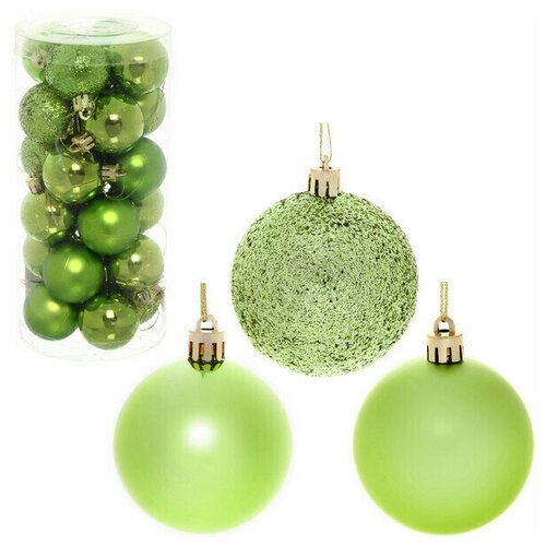 Набор новогодних игрушек на елку, шары украшения 6 см (24 штуки) Микс фактур, зеленый